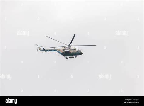 Mil Mi 17 Military Russian Helicopter Flies In Cloudy Sky On A Daytime