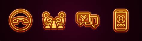 회선 전화 송수화기 회의 질문 답변 및 화상 채팅 회의를 설정합니다 빛나는 네온 아이콘입니다 벡터 Brand Name