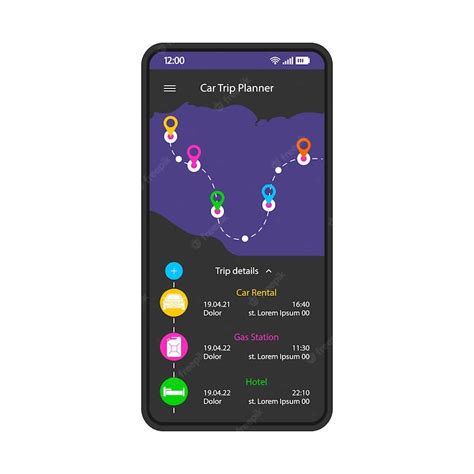 도로 여행 플래너 스마트 폰 인터페이스 템플릿 Gps 네비게이션 모바일 앱 페이지 레이아웃 자동 경로 계획 목적지 위치 검색 화면 여행 일정 응용 프로그램 평면 Ui 전화