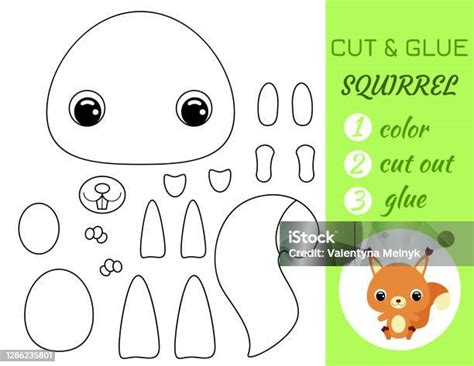 간단한 교육 게임 색칠 페이지 잘라 접착제 앉아 아기 다람쥐 아이들을위한 유치원 어린이를위한 교육 종이 게임 종이에 색상 절단 부품 및 접착제 벡터 스톡 일러스트레이션입니다