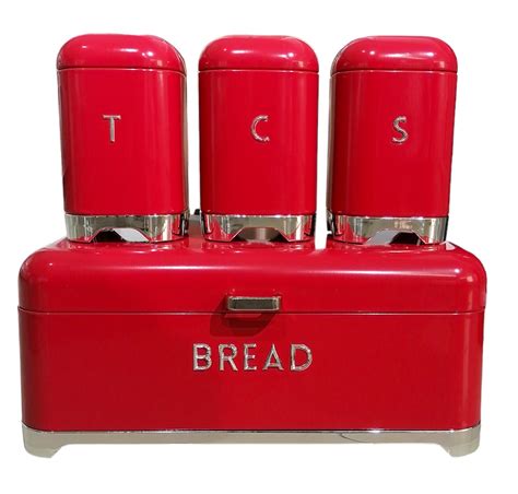 Continental Homeware Red Bread Bin With 3 Pieces Canister Set Playtime Homeware