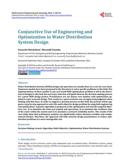 Pdf Conjunctive Use Of Engineering And Optimization In Water Distribution System Design