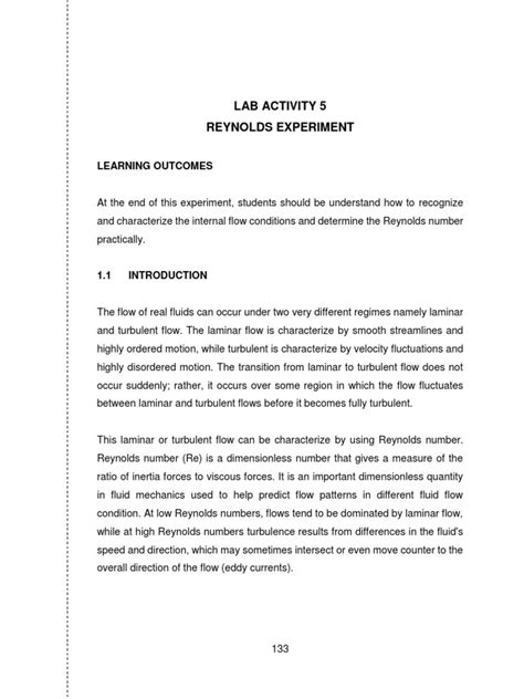 Lab Activity 5 Reynolds Experiment Learning Outcomes Pdf Reynolds Number Laminar Flow