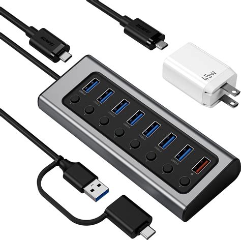 BENFEI 7 Port USB 3 0 Data Hub With BC 1 2 Charging Port 45W GaN Super Fast Charger Dual Type C