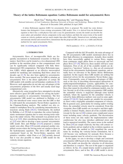 Pdf Theory Of The Lattice Boltzmann Equation Lattice Boltzmann Model For Axisymmetric Flows