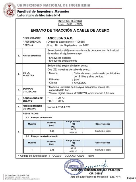Informe De Ensayo De Tracción A Cable De Acero Pdf Ingeniería De