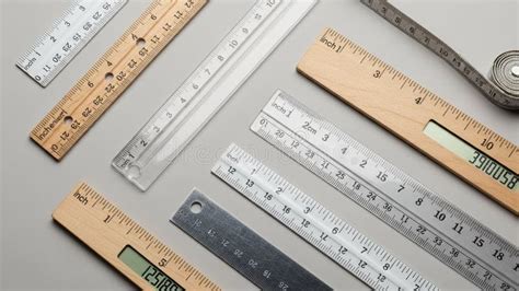 A Collection Of Measuring Tools Including Wooden And Metal Rulers A