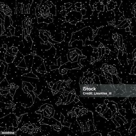 손 별자리 그리기 완벽 한 패턴 모든 조디악 별자리 스타일 라인에 로그인 하 고 끝 없는 배경에 별 별이 빛나는 조디악 기호의 낙서 배경 검은색에 대한 스톡 벡터 아트 및