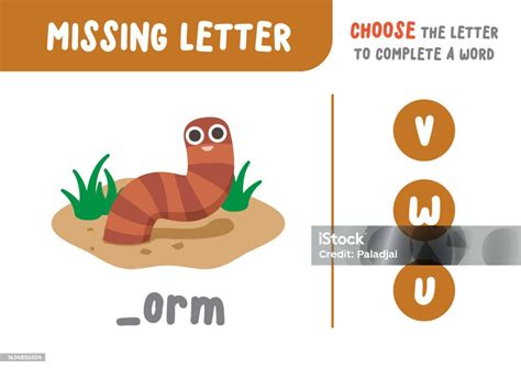 누락 된 문자 아이를위한 알파벳 문자 어휘 게임 단어를 만들 문자를 선택하십시오 흰색 배경에 만화 벡터 디자인을 그렸다 아이와 공부 게임 개념 낱말에 대한 스톡 벡터 아트