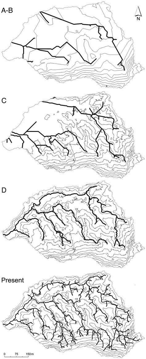 Drainage Network Patterns And Contour Lines Of Dems At Each Period Of