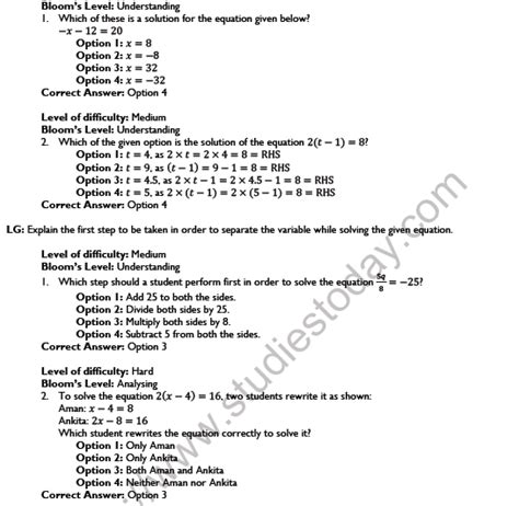 Cbse Class 7 Maths Simple Equations Worksheet Set A