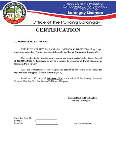 Brgy Certification For Pca Membership Pdf
