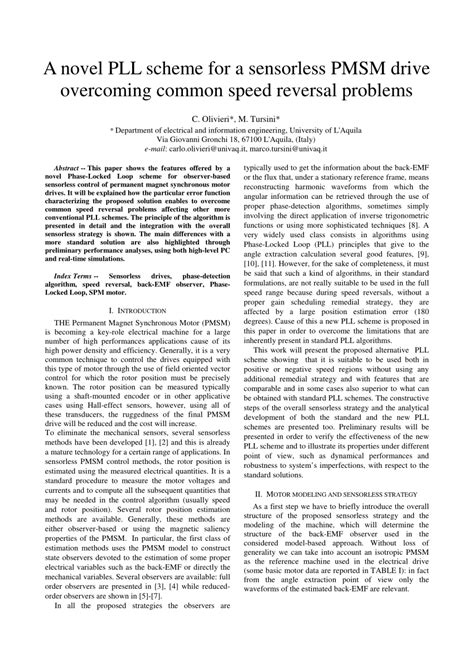PDF A Novel PLL Scheme For A Sensorless PMSM Drive Overcoming Common Speed Reversal Problems