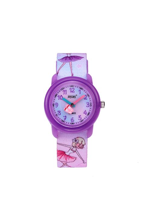 646472 მაჯის საათი ნაჭრის სამაჯურით იასამნისფერი თეთრში ბალერინა