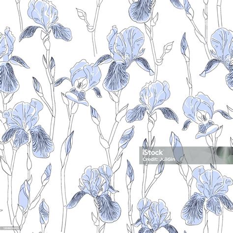 아이리스 꽃 원활한 패턴 섬세한 파스텔 색상 손으로 그린 자연 그림 벡터 일러스트레이션 곡선에 대한 스톡 벡터 아트 및 기타 이미지 Istock