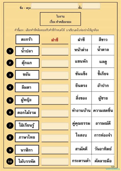ใบงาน เรื่อง คำคล้องจอง ป 3 ใบงานเชิงโต้ตอบ Topworksheets