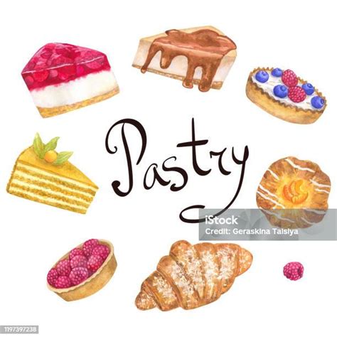 패스트리 가게를위한 맛있는 디저트와 라운드 프레임 템플릿 손으로 그린 수채화 그림입니다 흰색 배경에 격리 과일에 대한 스톡 벡터