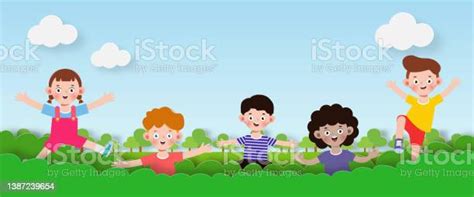 행복한 아이들은 종이 컷 스타일로 덤불 뒤에 서 해피 어린이 날 템플릿 배경 광고 브로셔 텍스트 재미있는 만화 고립 된 벡터 일러스트와 수평 배너 교육에 대한 스톡 벡터