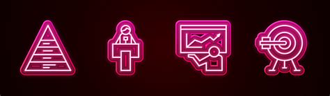 선 피라미드 차트 인포그래픽 무대 스탠드 또는 트리뷴 교육 프레젠테이션 및 화살표가 있는 대상을 설정합니다 빛나는 네온