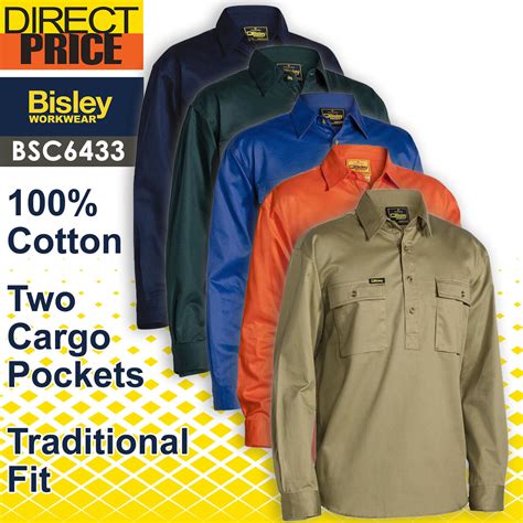 Bisley Mens Work Shirt Bsc6433 Long Sleeve Closed Front 100cotton