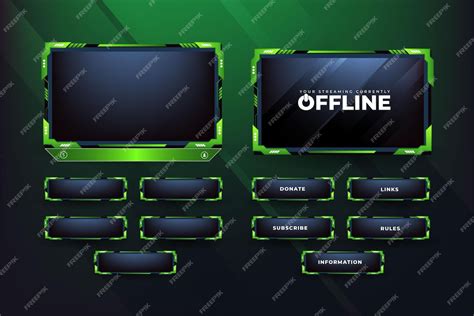 오프라인 화면 섹션과 다채로운 버튼이 있는 녹색 라이브 스트림 오버레이 디자인 온라인 게이머를 위한 라이브 스트리밍 오버레이 장식 화면 패널을 위한 미래형 게임 오버레이