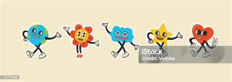 포스터 스티커에 대 한 70 년대 그루비 일러스트 히피 귀여운 미친 캐릭터와 함께 복고풍 인쇄 미친 별 심장 지구 떨어지는 이모티콘의 펑키 캐릭터 개념 좋은 분위기 문장 만