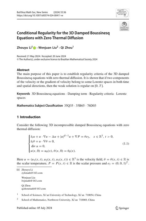 Pdf Conditional Regularity For The 3d Damped Boussinesq Equations
