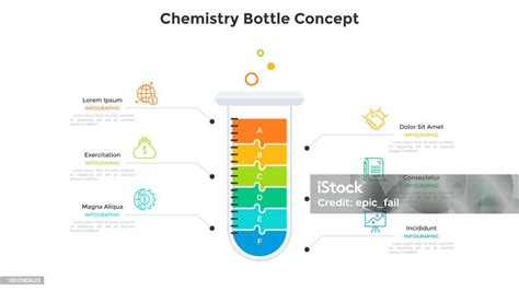 테스트 튜브 는 6 다채로운 직소 퍼즐 조각으로 나뉩니다 화학 연구의 6 단계의 개념 실험실 실험 최소한의 인포그래픽 디자인 템플릿입니다 현대 플랫 벡터 일러스트레이션 0