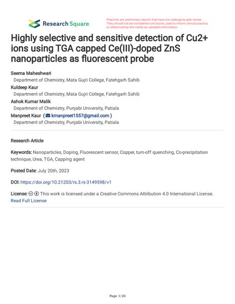 Pdf Highly Selective And Sensitive Detection Of Cu2 Ions Using Tga Capped Ce Iii Doped Zns