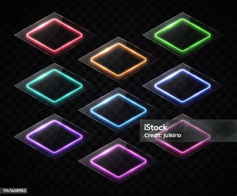 마름모 배너 설정 합니다 네온 사인 유리 또는 플라스틱 텍스처 플레이트가 있는 Led 또는 할로겐 램프 기술 프레임 어두운 투명 한 배경에 기하학적 테두리를 빛나는 밝은