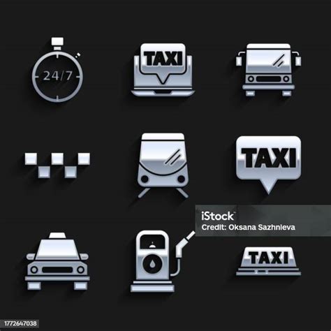 트램 및 철도 휘발유 또는 주유소 택시 자동차 지붕 택시 버스 및 스톱워치 24시간 아이콘이 있는 지도 포인터를 설정합니다 벡터