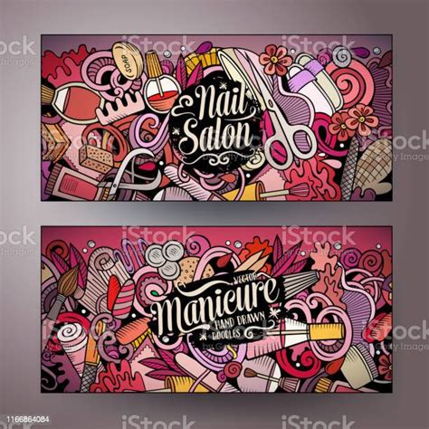 네일 아트 손으로 그린 낙서 배너 세트입니다 만화 상세한 전단지 개체와 기호매니큐어 Id 색상 벡터 디자인 요소 일러스트레이션 손톱에 대한 스톡 벡터 아트 및 기타 이미지