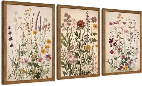 Avecco Vintage Color Wildflower Canvas 3 Pieces Wall Art