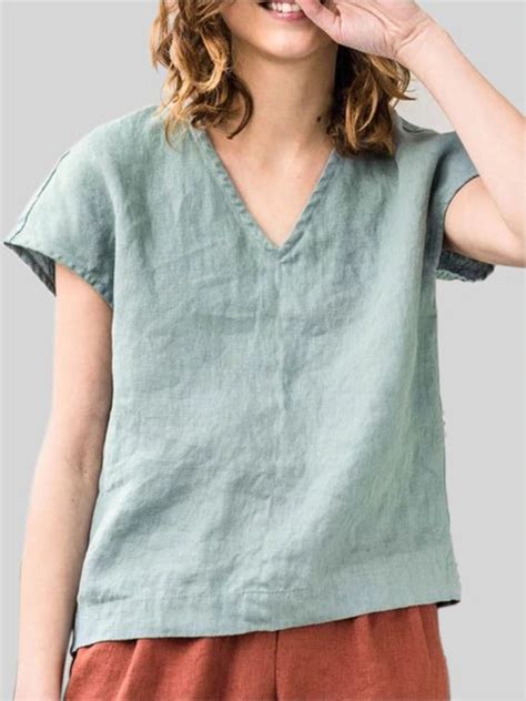 V Neck Loose Cotton Linen Top Bellezeke Linen Top Simple Shirts