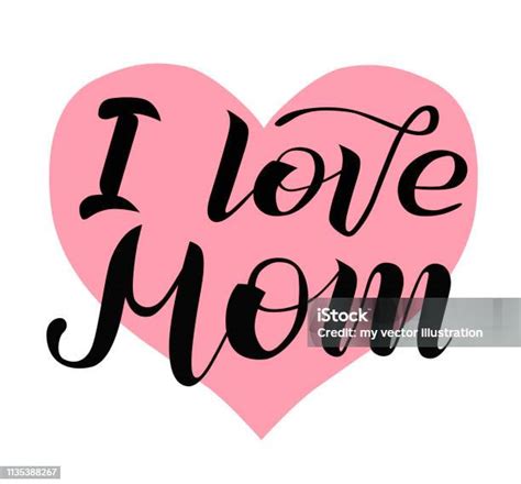 나는 마음으로 흰색 배경에 엄마 레터링을 사랑 해요 행복 한 어머니의 날을 위한 인쇄 수 제 브러시 서 예 벡터 일러스트입니다 포스터 배너 엽서 및 인쇄를 위한 어머니의 날