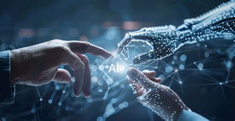 Human And Robot Hands Reaching Towards Each Other Symbolizing Artificial Intelligence And Human