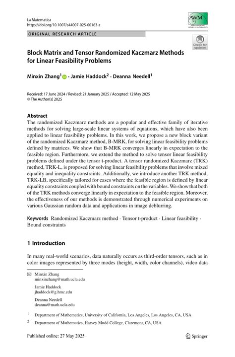 Pdf Block Matrix And Tensor Randomized Kaczmarz Methods For Linear Feasibility Problems