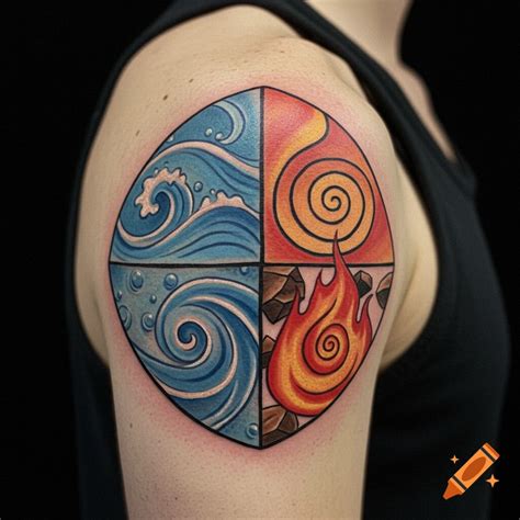 A Colorful Stylized Tattoo Depicting The Four Elements Water Air