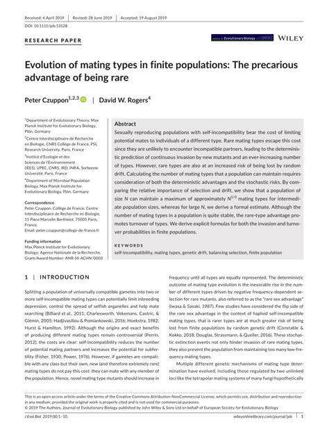 [pdf] Evolution Of Mating Types In Finite Populations The Precarious Advantage Of Being Rare