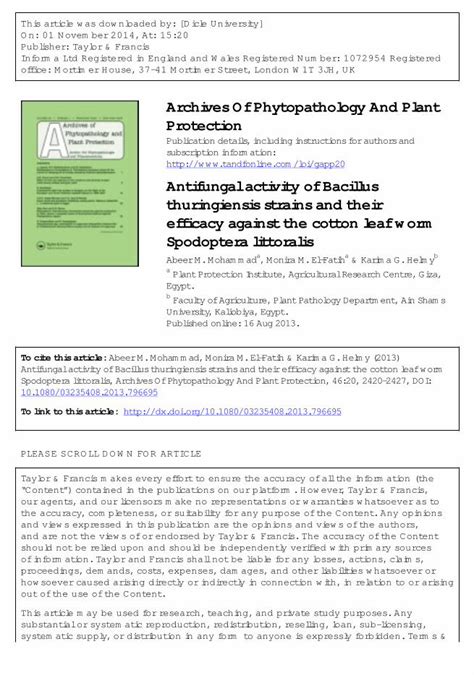 Pdf Antifungal Activity Of Bacillus Thuringiensis Strains And Their