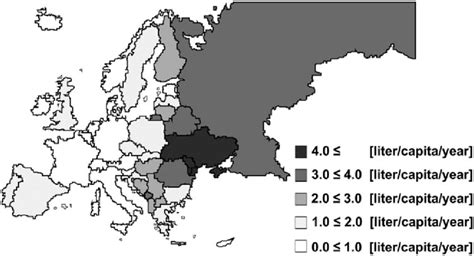 Volume Of Per Capita Annual Unrecorded Alcohol Consumption In Europe In