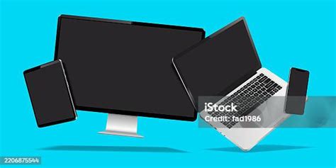 현대 컴퓨터 화면 노트북 휴대폰 및 태블릿 모형 그림자가 있는 파란색 배경에 떠 있는 디지털 장치 0명에 대한 스톡 벡터 아트 및 기타 이미지 Istock