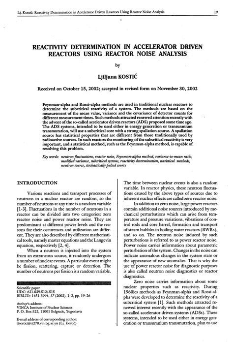 Pdf Reactivity Determination In Accelerator Driven Reactors Using Reactor Noise Analysis