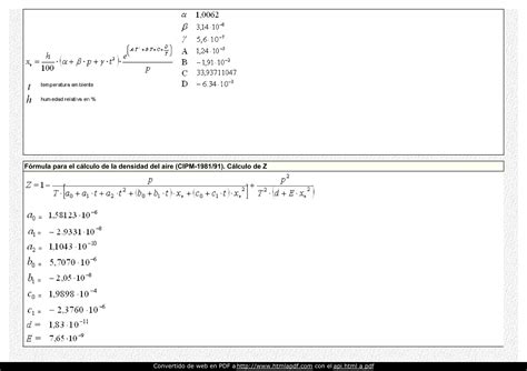Calculo De La Densidad Del Aire Formula Cipm 1981 91 Pdf