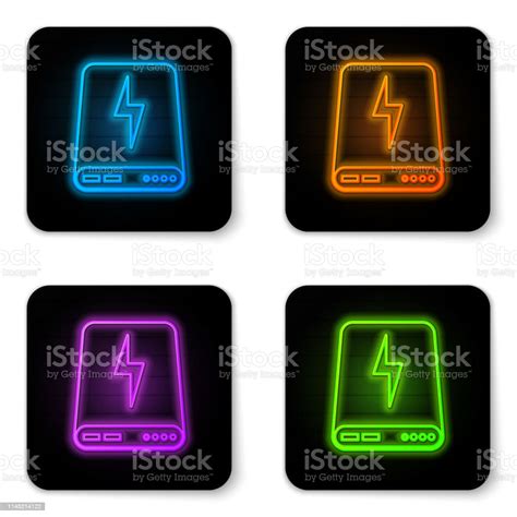 빛나는 네온 전원 은행 아이콘 흰색 배경에 고립 휴대용 충전 장치 검은색 사각형 단추입니다 벡터 일러스트 개념에 대한 스톡 벡터 아트 및 기타 이미지 Istock