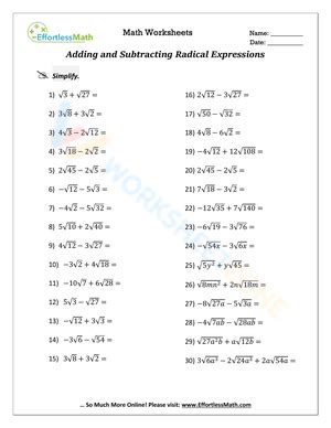 Adding And Subtracting Radicals Worksheets