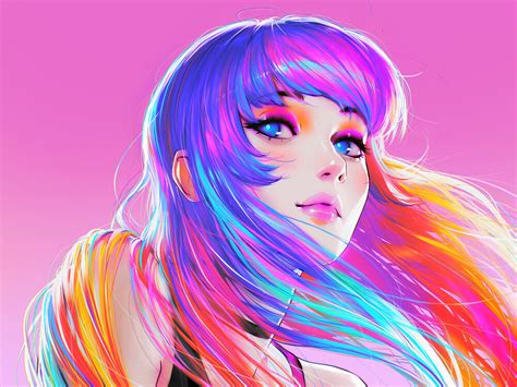 Обои на рабочий стол Девушка с радужными волосами на розовом фоне обои для рабочего стола