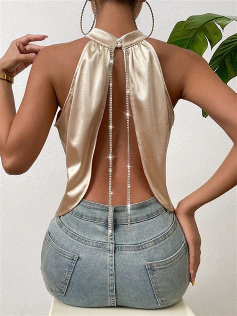 Shein Privé Pearls Beaded Backless Halter Top Shein Uk