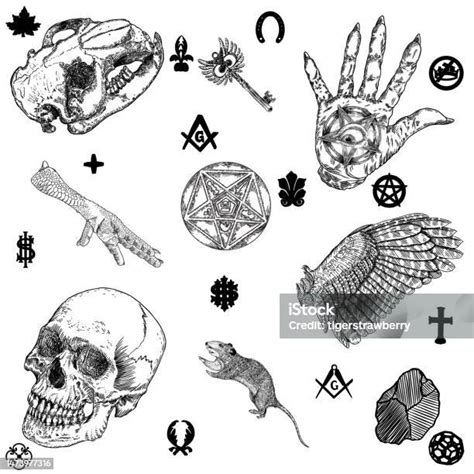 신비주의적이고 신비로운 손으로 그린 상징으로 설정됩니다 위카와 이교도의 전통 마술 공예와 난해한 개념 빈티지 연금술 신비주의와 신비주의 마녀와 마법사를위한 요술 벡터 개체
