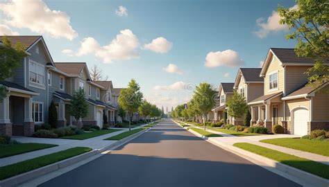 Serene Suburban Neighborhood With Three Story Houses On Corner Lots